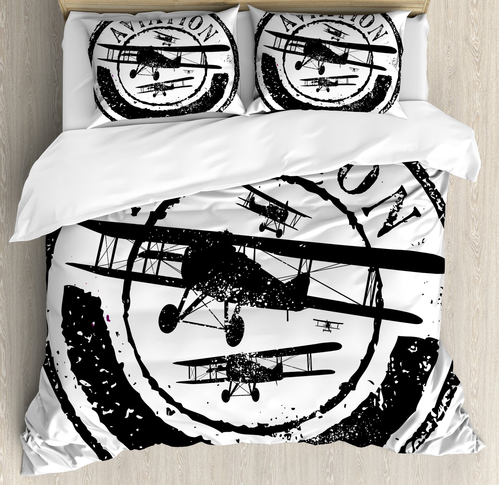 Ambesonne Vintage Airplane Duvet Cover Set, Grunge Style Stamp Design Word Aviation and Plane Silhouettes, Decorative 3 Piece Bedding Set with 2 Pillow Shams, King Size, Black