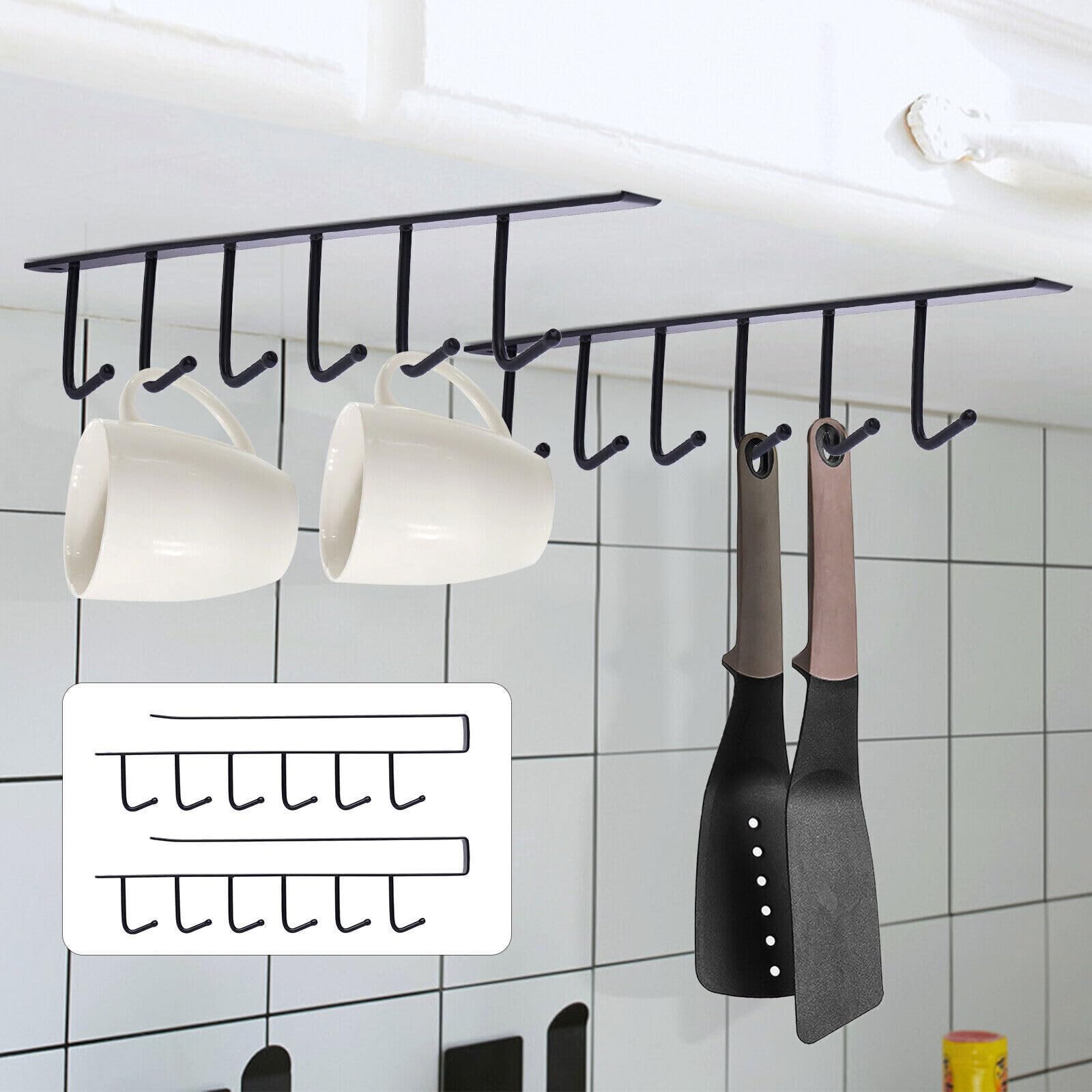 2PCS Kitchen Hook, 6-Hooks Mug Hooks, Mug Holder Rack Under Cabinet, Cups Wine Glasses Storage Hooks, Coffee Cup Mug Holder, Mug Hooks Under Shelf, Racks Under Cabinet, for Flat Buttom Cabinet