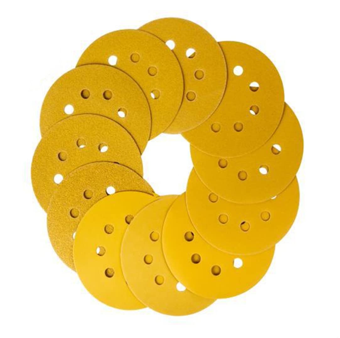 5 inch 8 Hole Gold Hook and Loop Sanding Discs for DA Sanders - Box of 100 Sandpaper Finishing Discs for Automotive and Woodworking (60#80#120#150#220#Each20pcs)