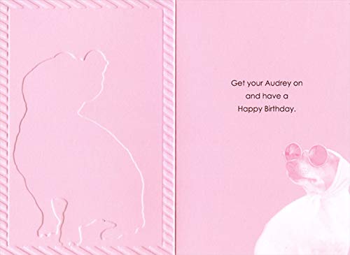 Audrey Hepburn Dog with Pink Glasses in Focus Feminine Birthday Card for Her/Woman