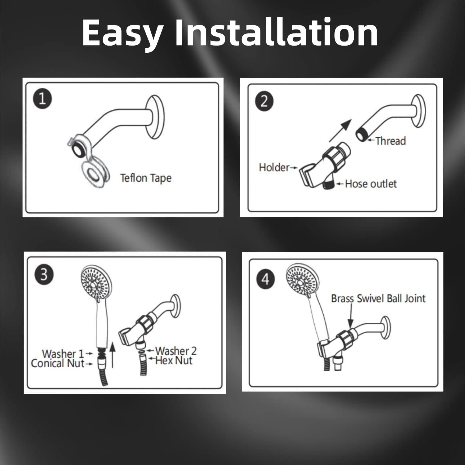 High Pressure Shower Head with Handheld, 10 Spray Settings Water Saving Shower Heads with Stainless Steel Hose,Holder & PTFE Tape, Wider Silver Face for Tubs Tiles Walls Pets Cleaning, Black