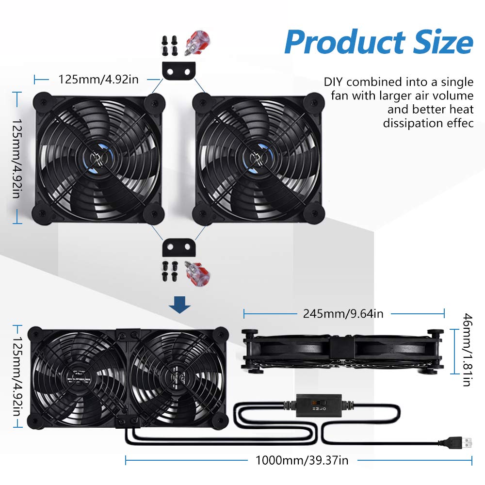 SCCCF Dual 120mm USB Speed Control Fan, 5V Portable Cooling Fan for Flat-Screen TV Receiver Router DVR PlayStation Xbox Computer Cabinet Cooler