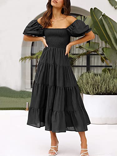 ANRABESS Women's Casual Summer Midi Dress Puffy Short Sleeve Square Neck Smocked Tiered Boho 2023 Spring Dresses for Wedding Bridal Shower 877heise-M Black