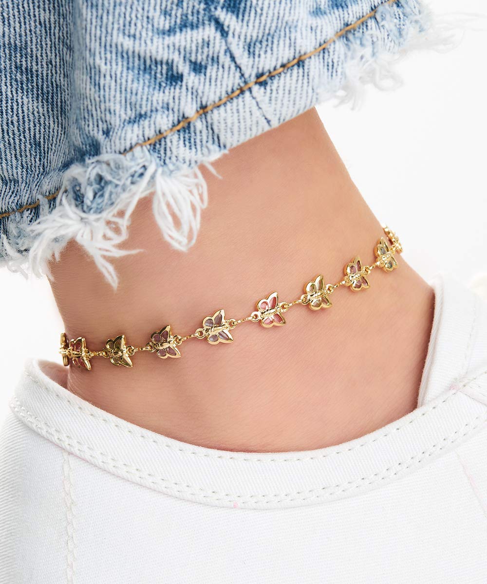 Barzel 18K Gold Plated Multi Color Butterfly Anklet For Women - Made In Brazil (ANK1187)