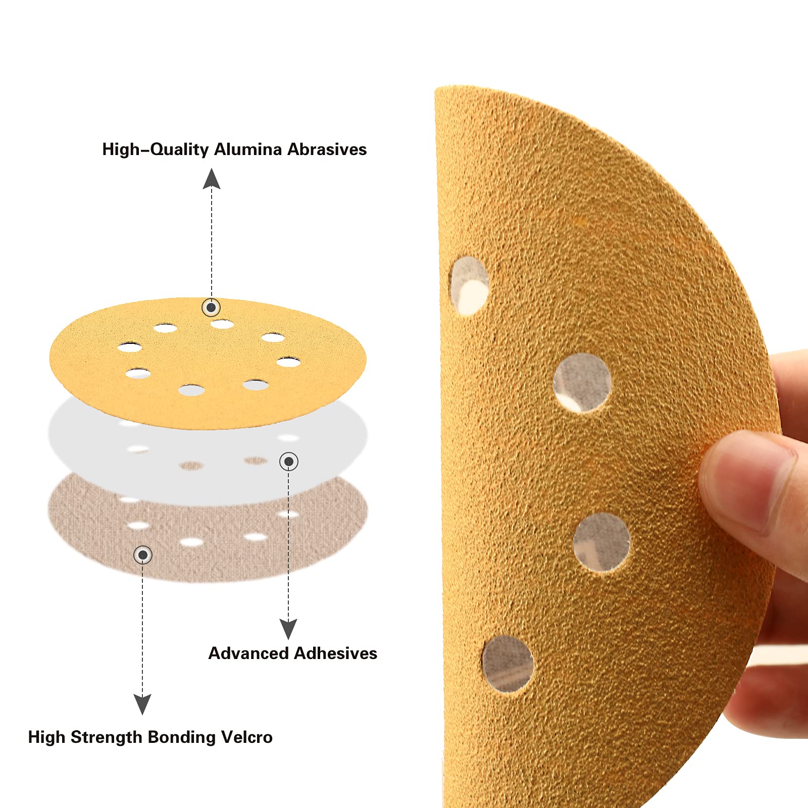 5 Inch 8 Hole Hook and Loop Sanding Discs, 10 of Each Grit (60 80 120 220 320), 50PCS Gold Orbital Sander Sandpaper, Sharp Cutting and More Durable - D DMS DIMEISI 362X
