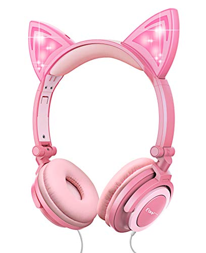 esonstyle Cat Ear Headphones for Kids, Wired Kids Headphones with LED Light Up, 85dB Volume Limited, Foldable 3.5mm Jack Headphones for School/Travel/iPad/Tablet (Peach)