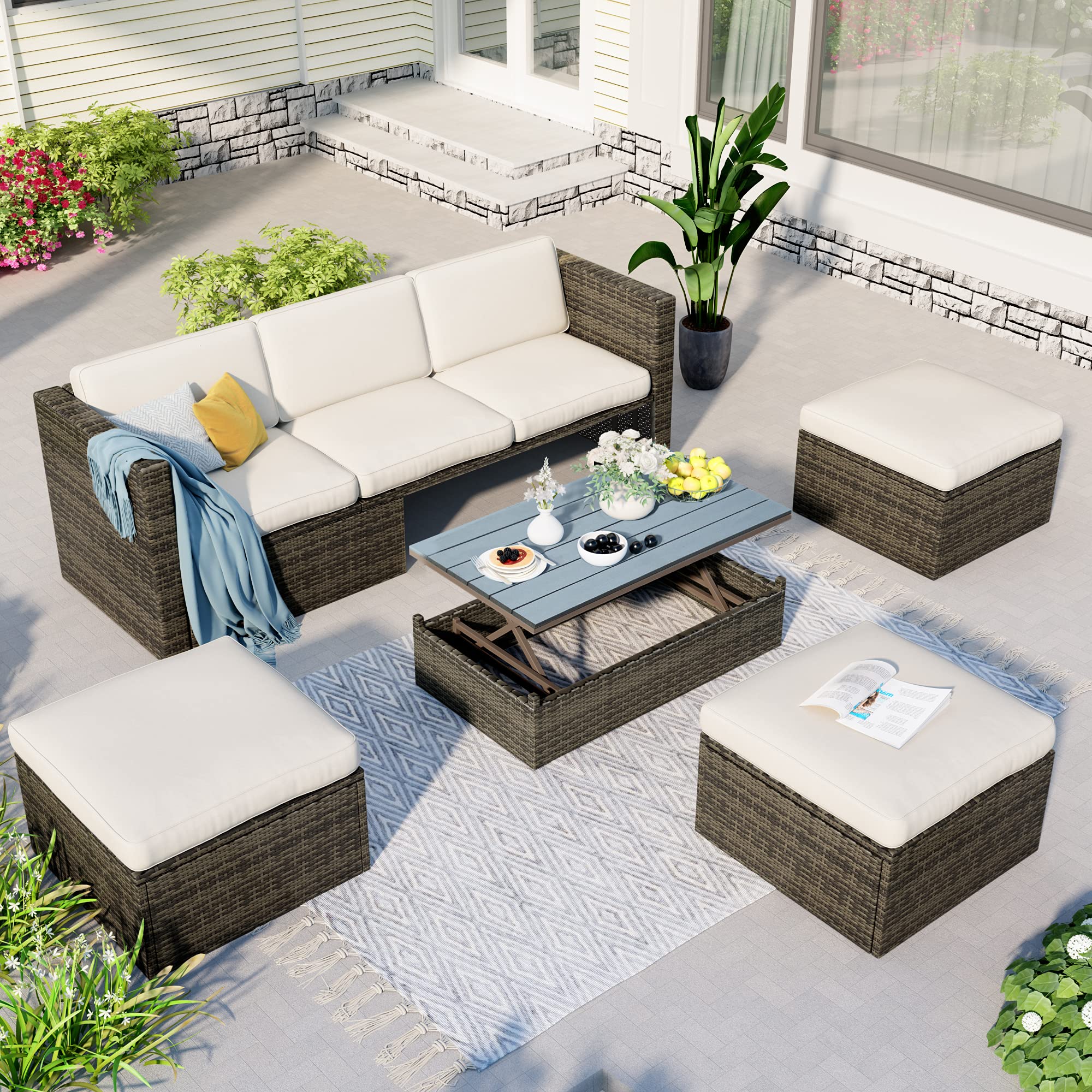 LUMISOL 5 Piece Patio Furniture Set, Outdoor Wicker Sofa Set with Adjustable Backrest, Cushions, Ottomans and Lift Top Coffee Table for Garden, Poolside, Backyard, Balcony, Beige