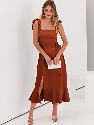 ANRABESS Women's Satin Formal Dress Square Neck Ruffle Split Midi Bridesmaid Dress for Wedding Guest Cocktail Party A1008jiaotang-M Caramel
