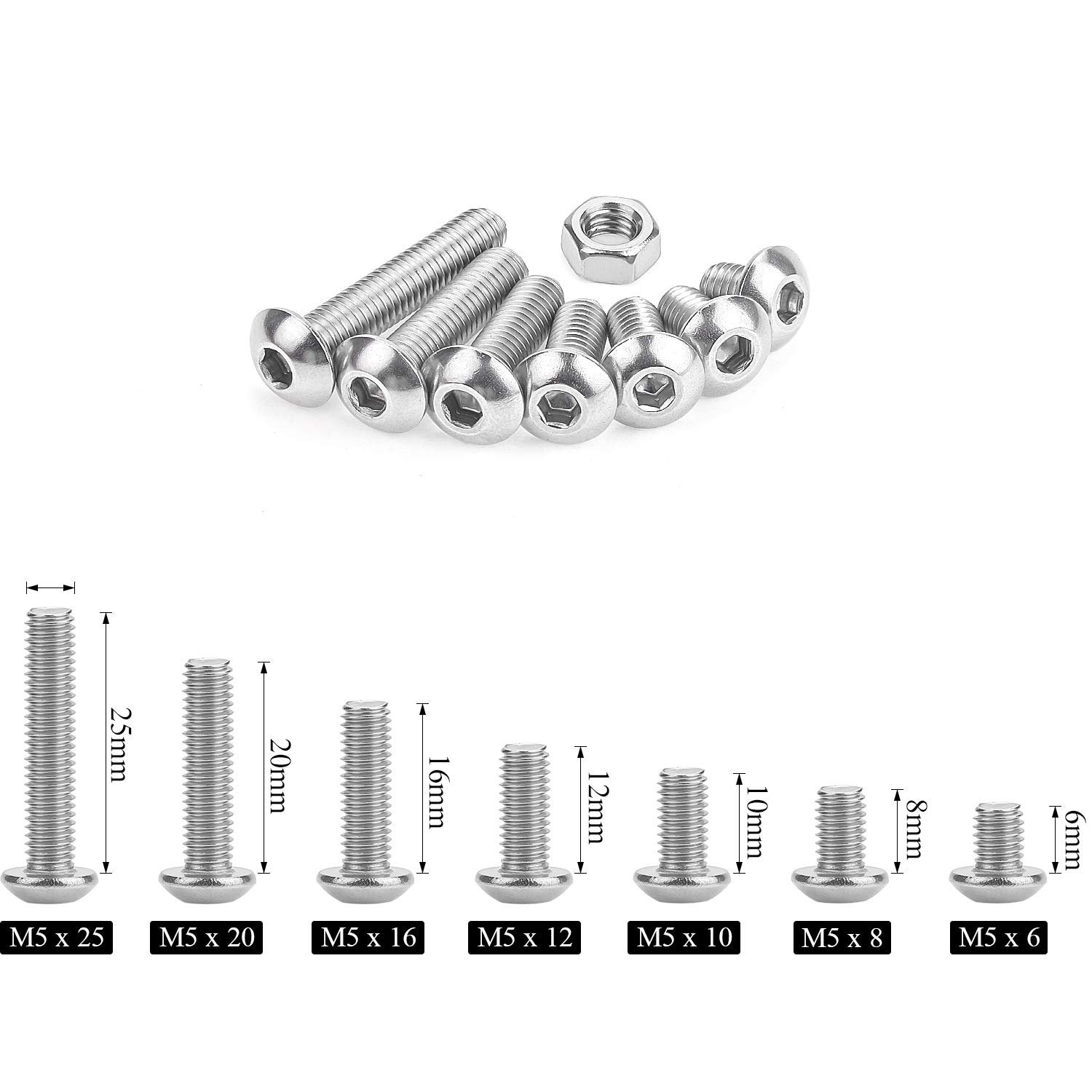 Sutemribor 180Pcs M5 Stainless Steel Button Head Hex Socket Head Cap Bolts Screws Nuts Assortment Kit + Wrench
