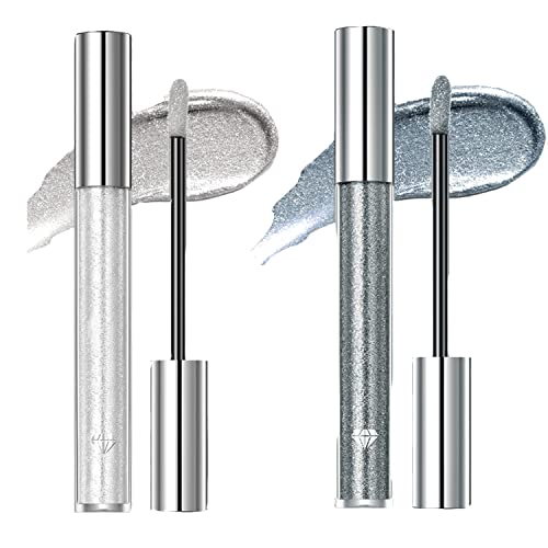 2PCS Liquid Glitter Diamond Eyeshadow, 2 in 1 Liquid Lipstick and Eyeshadow Metallic Lipstick Waterproof Long Lasting Lip Glaze Tint Charming Makeup for Eyes and Lips (Silver White, Blue Gray)