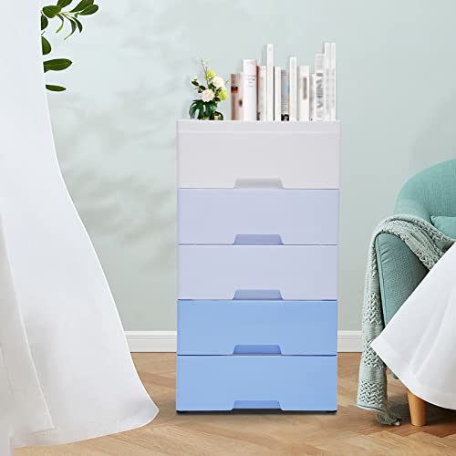 Plastic Storage Cabinet,5 Drawer Stackable Vertical Clothes Storage Tower,Lockers can be Placed in Bedrooms Bathrooms Livingrooms (Blue)