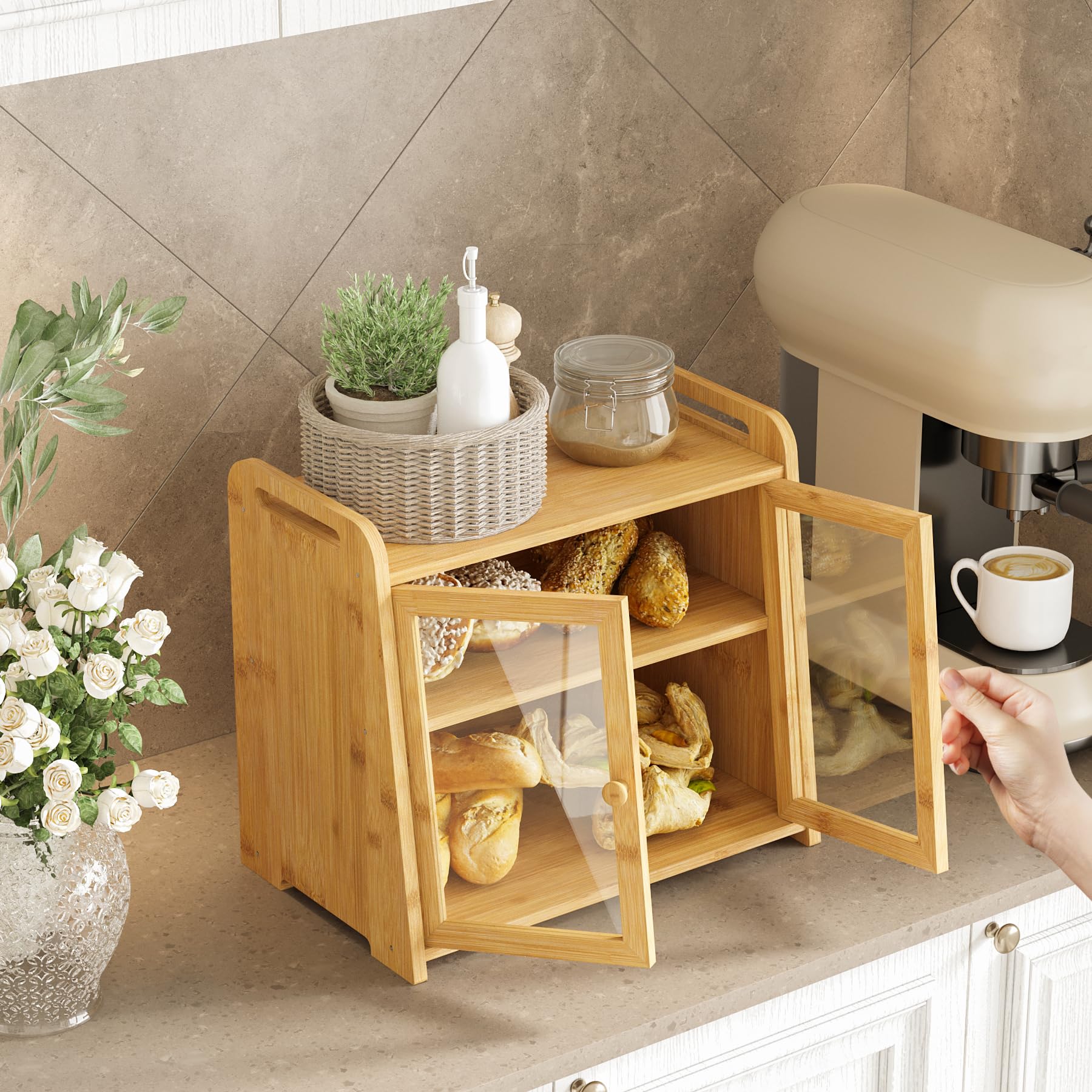 AMBIRD Bamboo Bread Box keep The Bread Fresh For Kitchen Counter-Large Capacity Wooden Bread Storage Container Farmhouse Bread Box with Window Bread Holder