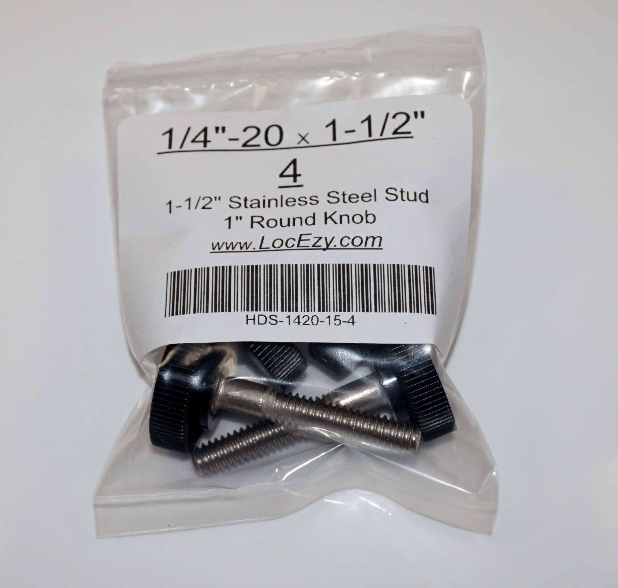 Four (4) Thumb Screws 1/4-20 x 1-1/2" Long Stainless Steel 1" Round Knurled Black Plastic Knob