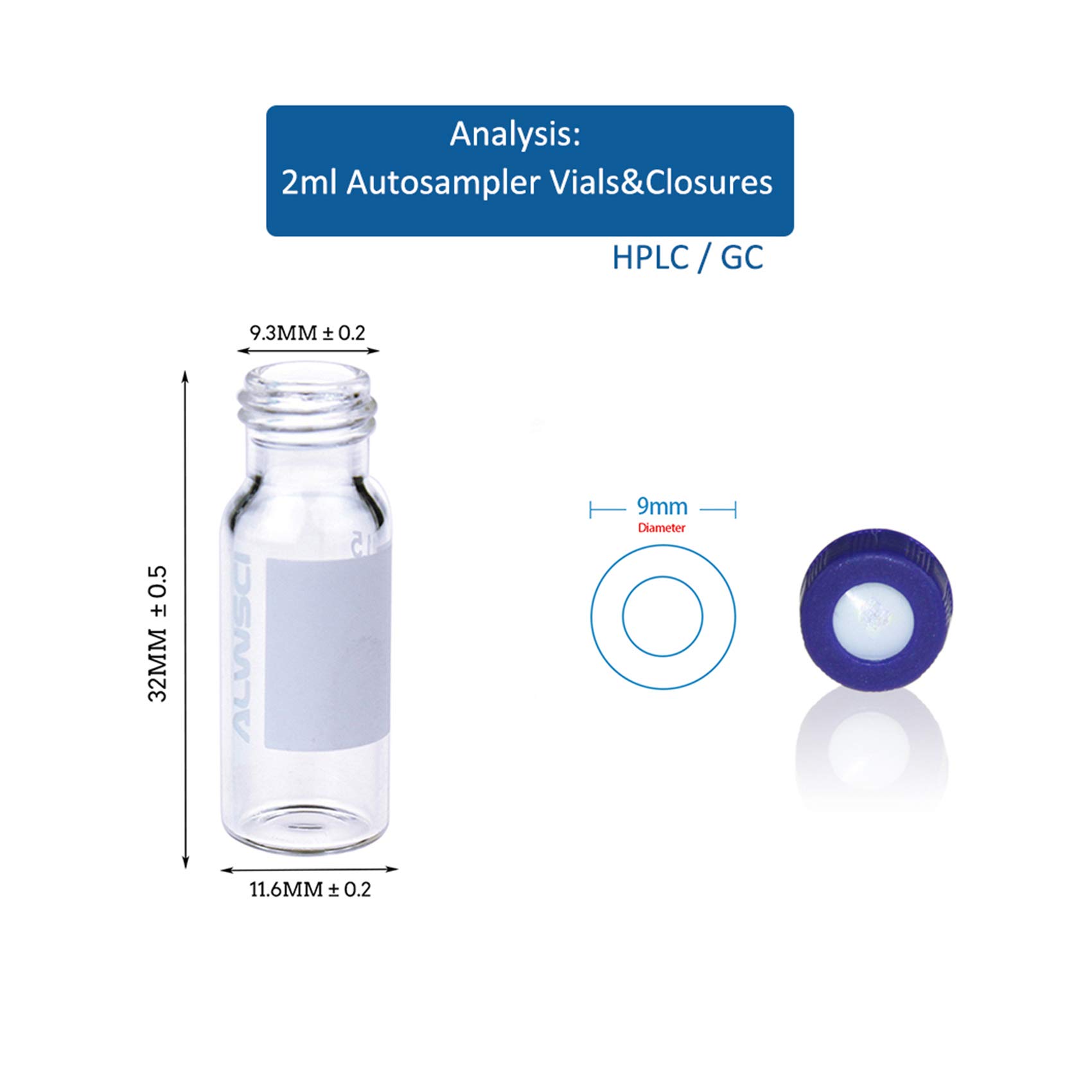 ALWSCI 2 ML 9 mm HPLC Vial,Clear Autosampler Vial, Borosilicate Sample Vial with Graduation, 9-425 Type Screw Threaded Vial, Blue Screw Cap with Hole, Red PTFE&White Silicone Septa, 100 of Pack