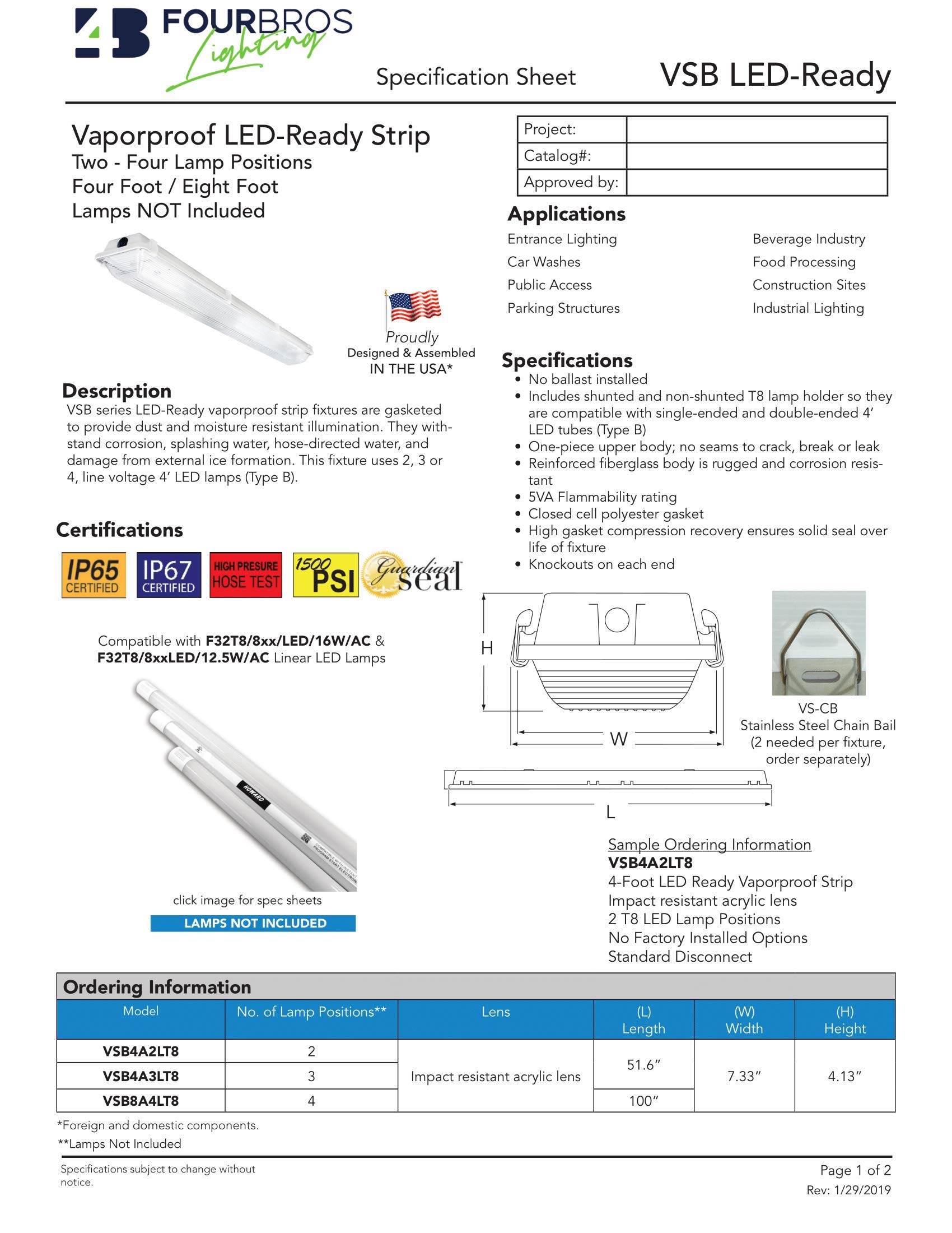Four Bros Lighting 8 Foot LED Vapor Proof, 74W = 150W, 11200 Lumens, 5000K (Day Light), Waterproof, Shop and Garage Lighting