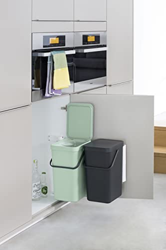 Brabantia Sort & Go Built-in Cupboard Recycling Cans (2 x 4.2 Gal/Dark Gray & Jade Green) Double Door Mounted Trash Organisers with Handles & Removable Lids