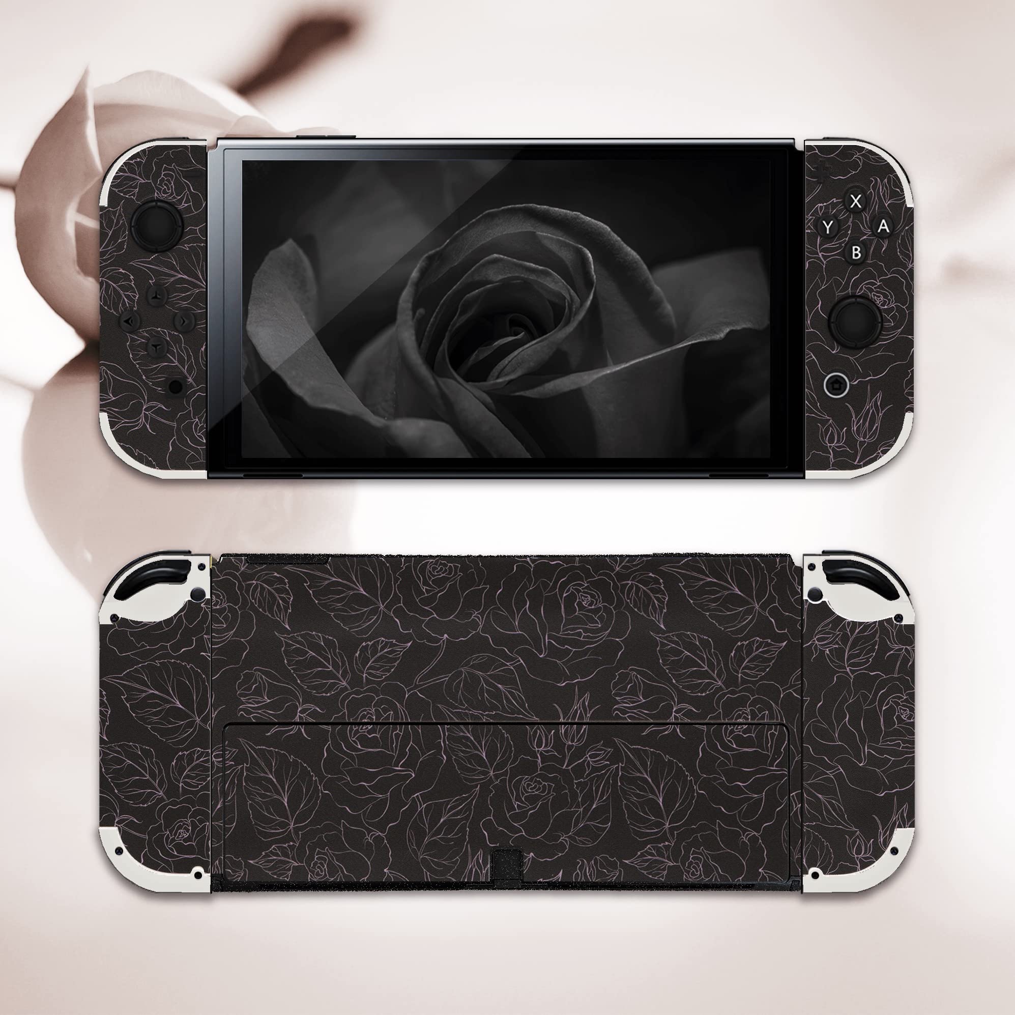 BelugaDesign Rose Switch Skin | Pastel Sticker Wrap Vinyl Decal | Flower Valentine Cute Compatible with Nintendo Switch (Switch OLED, Black)