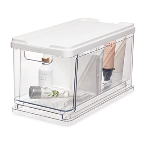 iDesign The Sarah Tanno Collection Medium Stacking Cosmetic Drawer Organizer with Lid and Divider, Clear/White