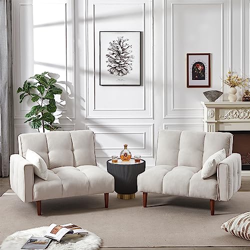 Antetek 81-inch Futon Sofa Bed, Modern Tufted Linen Fabric Convertible Sleeper Sofa Couch, Oversized Loveseat Sofa with 3 Adjustable Positions and 8 Wooden Legs for Living Room Office, Beige