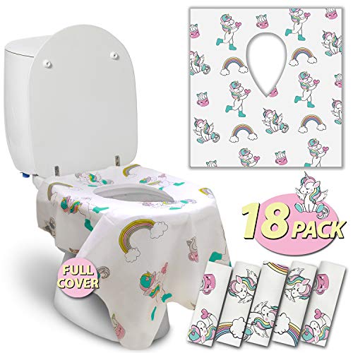Disposable Toilet Seat Covers for Toddlers, Extra Large Individually Wrapped Unicorn Paper Potty Training Liners for Kids, Portable, Flushable with Non-Slip Adhesives, Potty Shields, Airplane & Travel