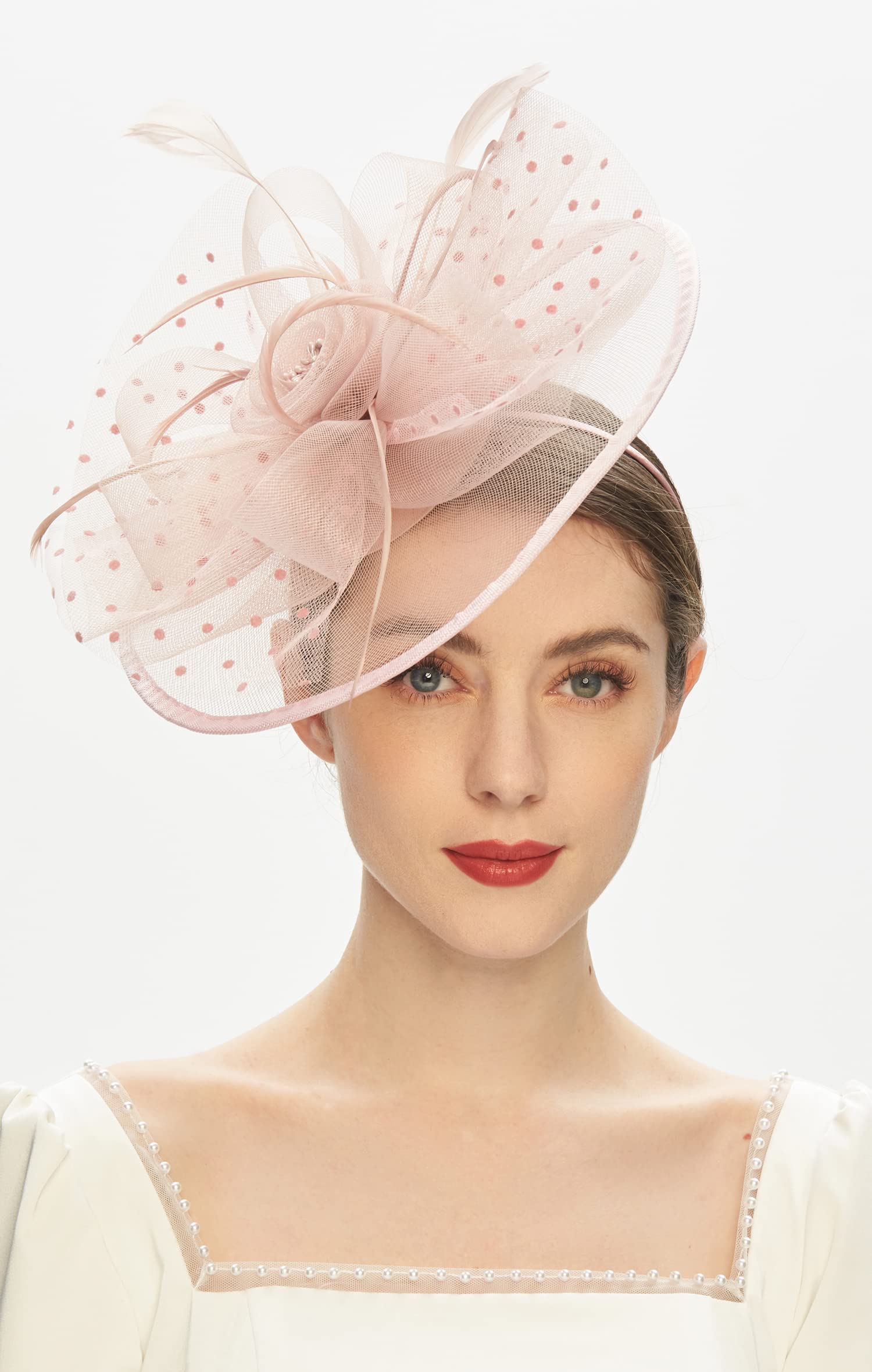 Fascinators Hats for Womens 50s Headwear with Veil Flower Cocktail Wedding Tea Party Church Derby Hat(3-blush pink)
