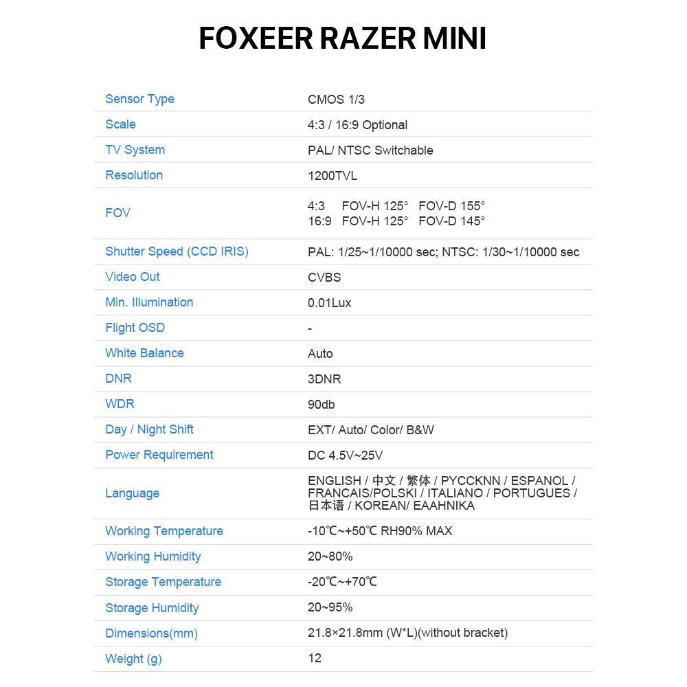 FPV Camera Foxeer Razer Mini 1/3 CMOS HD 5MP 2.1mm Lens 1200TVL 4:3 PAL/NTSC Switchable Support 4.5V-25V Input Voltage for FPV Quadcopter Racing Drone