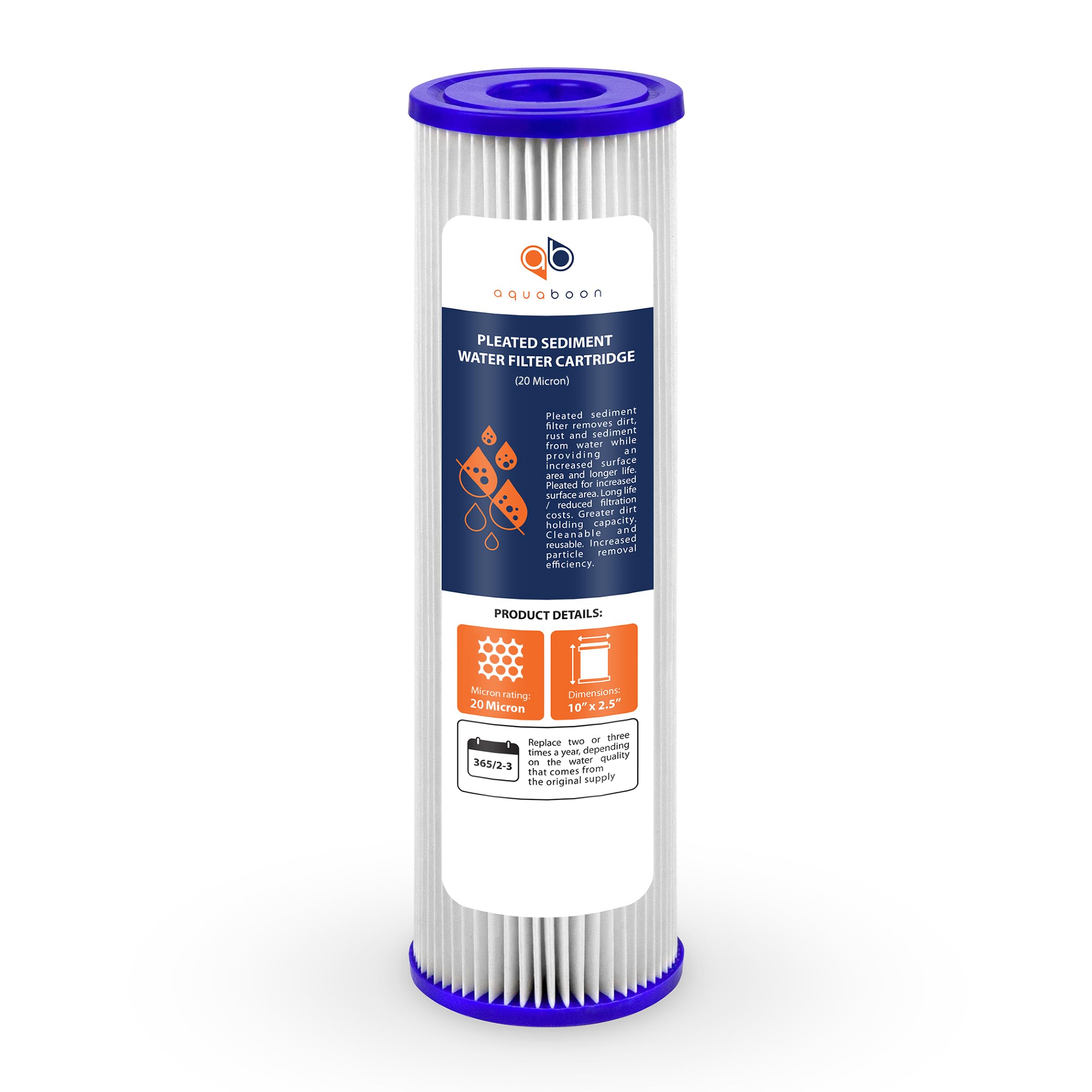 Aquaboon 20 Micron Pleated Sediment Filter Cartridge 10" x 2.5" Whole House Water Filter Replacement Compatible with WFPFC3002, WHKF-WHPL, 6-Pack