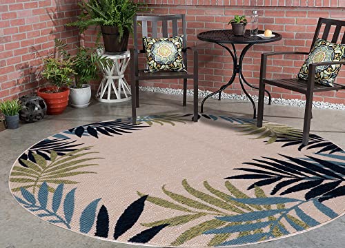 GAD Premium Indoor/Outdoor Patio Tropical Area Rug - Beige, Tan & Green Leaf Rug - Inside/Outside Stain & Fade Resistant Rug for The Porch, High Traffic Deck or Lanai (6'7" Round)