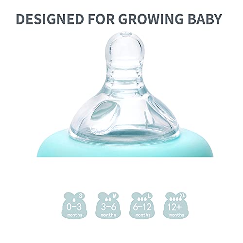 Baby Bottle Glass Wide Neck, Closer to Breastfeeding, Slow Flow Nipple, Anti-Colic, 4 Ounce, 2 Count (Blue)