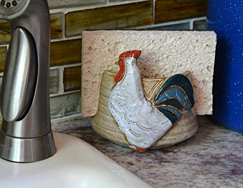 American Handmade Pottery Kitchen Sponge Holder, Farmhouse Rooster Motif