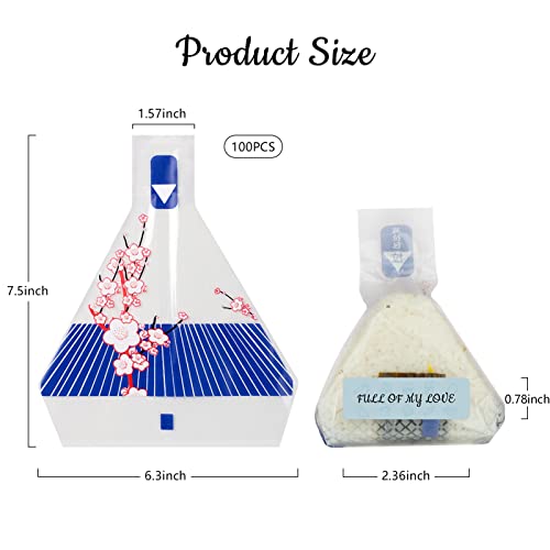 BRATA Triangle Onigiri Wrappers Plastic Rice Balls Bags, 100PCS Japanese Easy Tear Disposable Onigiri baggies with Stickers