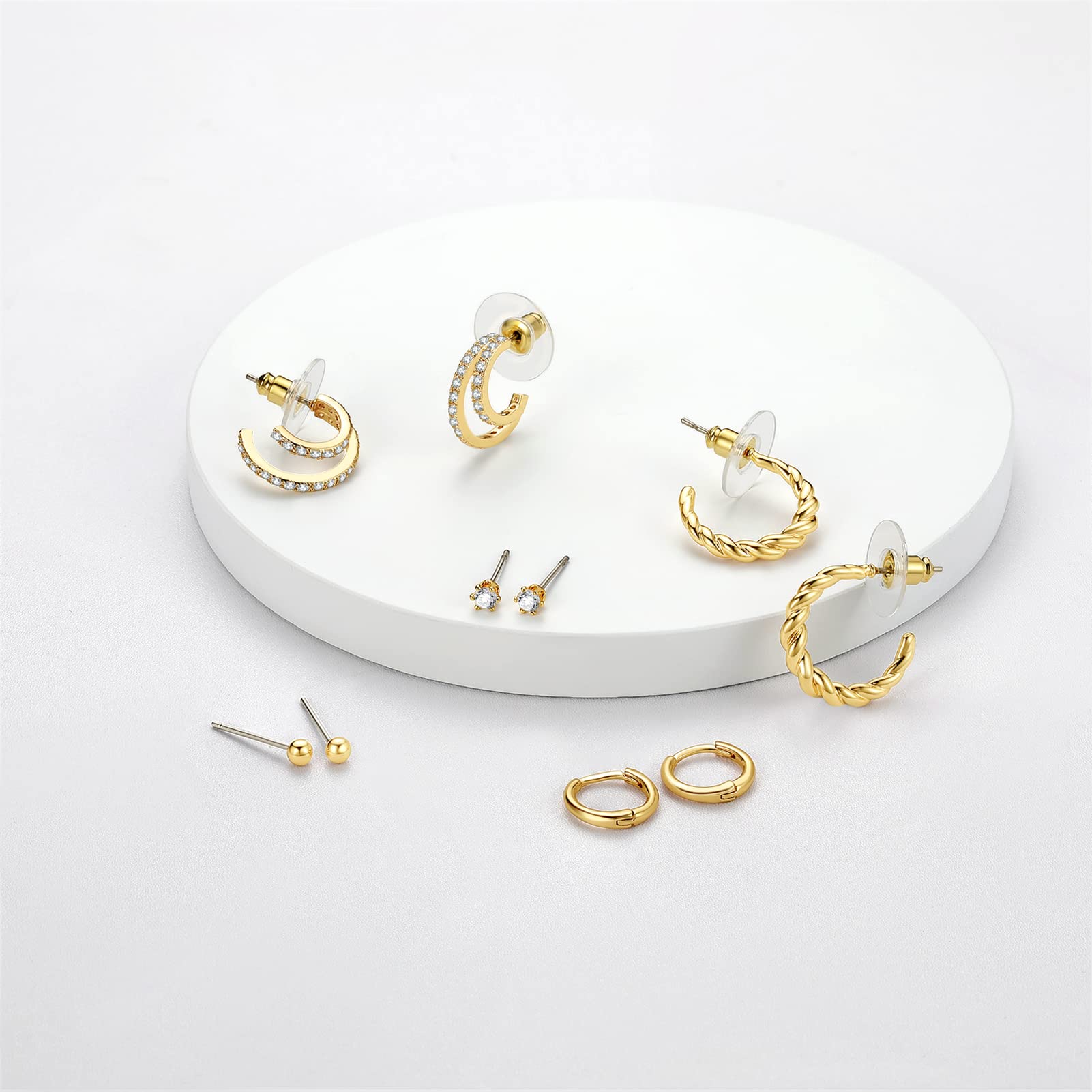 5 Pairs Earring Sets for Multiple Piercing 14k Gold Plated Hoop and Stud Earrings Set Hypoallergenic Small CZ Gold Earrings Sets for Women