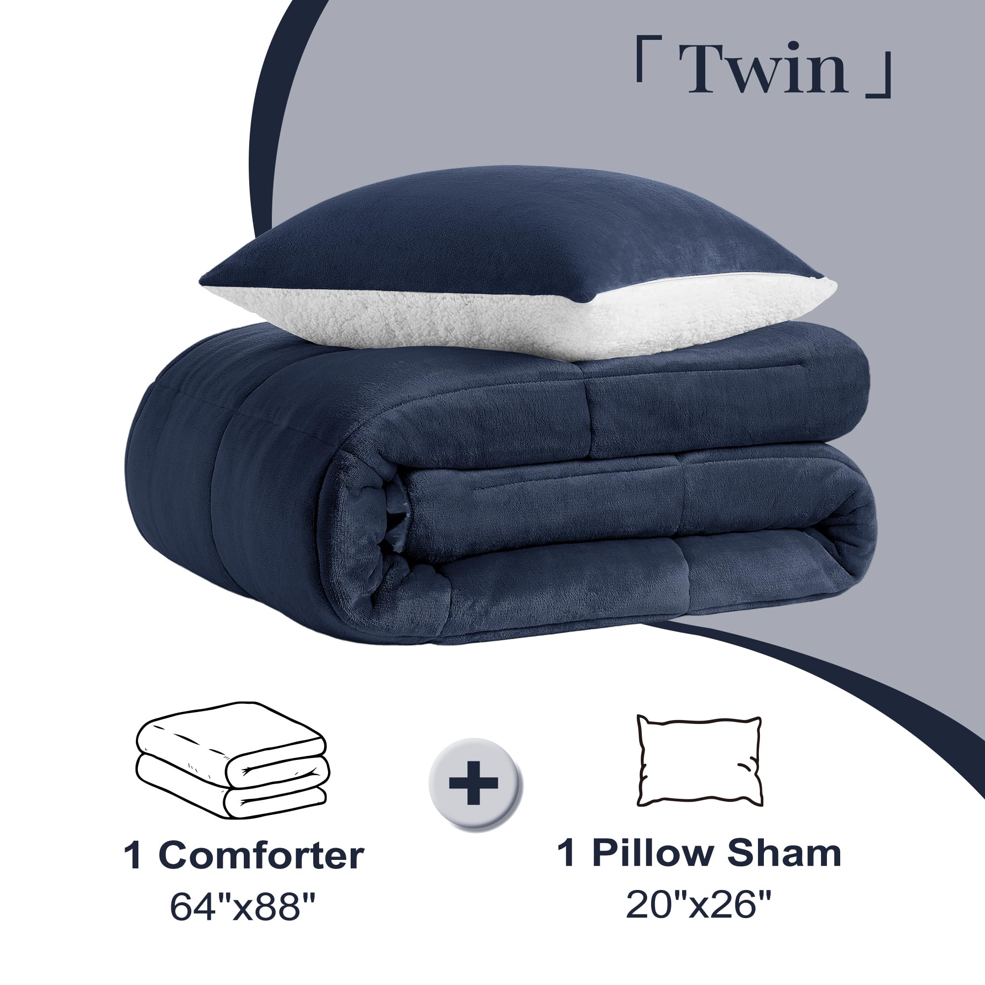 Basic Beyond Twin Comforter Set - Micromink Fleece Sherpa Comforter for Twin Bed, Soft and Warm Twin Bedding Comforter Set for Girls and Boys in Winter, Navy, 64"x88"