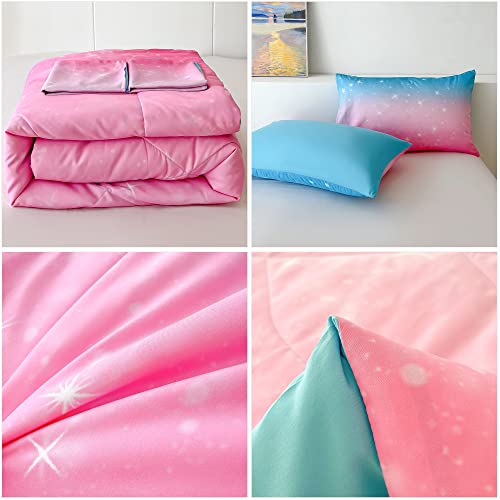 Rainbow Pink Glitter Stars Kids Comforter Set for Girls Queen Size Bedding Set 3 Piece Bed in A Bag Lightweight Quit Blue Gradient Sparkle Mermaid Galaxy Duvet Set for Kids Boys with 2 Pillowcases