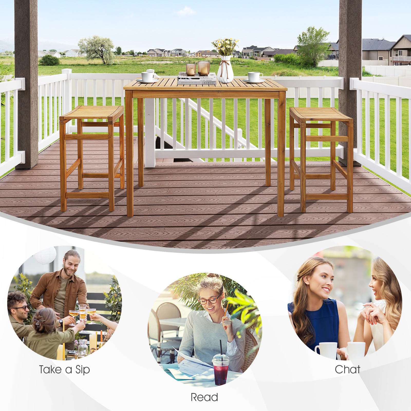 Tangkula 5 Piece Outdoor Acacia Wood Bar Table Set, 45" Rectangular High Top Table with 4 Saddle Seat Bar Height Stools, Space-Saving Patio Dining Set for 4, for Deck, Garden and Porch