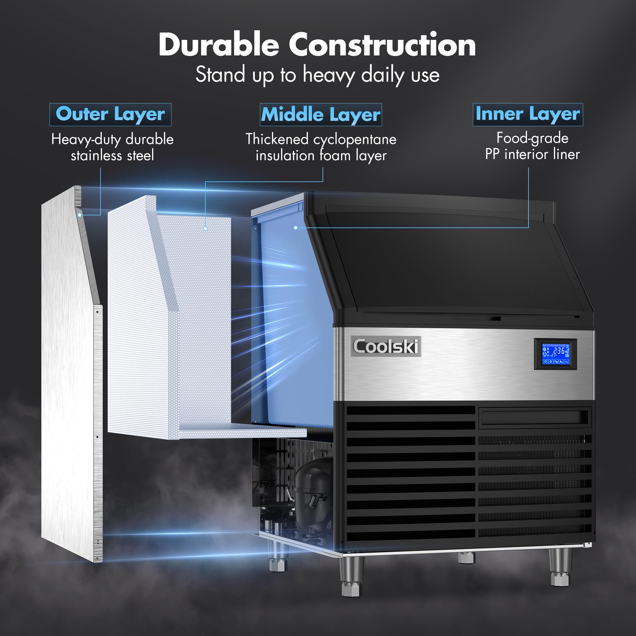 Coolski Commercial Ice Maker Machine 200LBS/24H, 26ββ Under Counter Ice Machine with 80LBS Storage Capacity, Stainless Steel Ice Maker for Restaurant/Bar/Home, Air Cooled/Clear Ice Cubes/ETL Approved