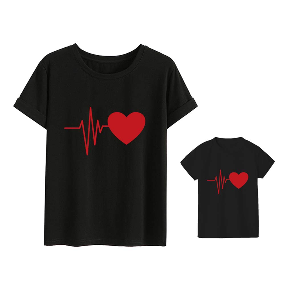 Heartbeat Love Funny Mom Son Daughter Matching T-Shirts Mother & Daughter Matching Set Mom & Baby Shirts Black