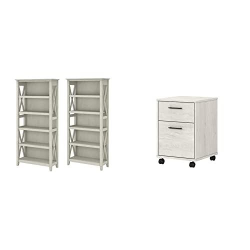 Bush Furniture Key West 5 Shelf Bookcase Set in Linen White Oak & Key West 2 Drawer Mobile File Cabinet, Linen White Oak