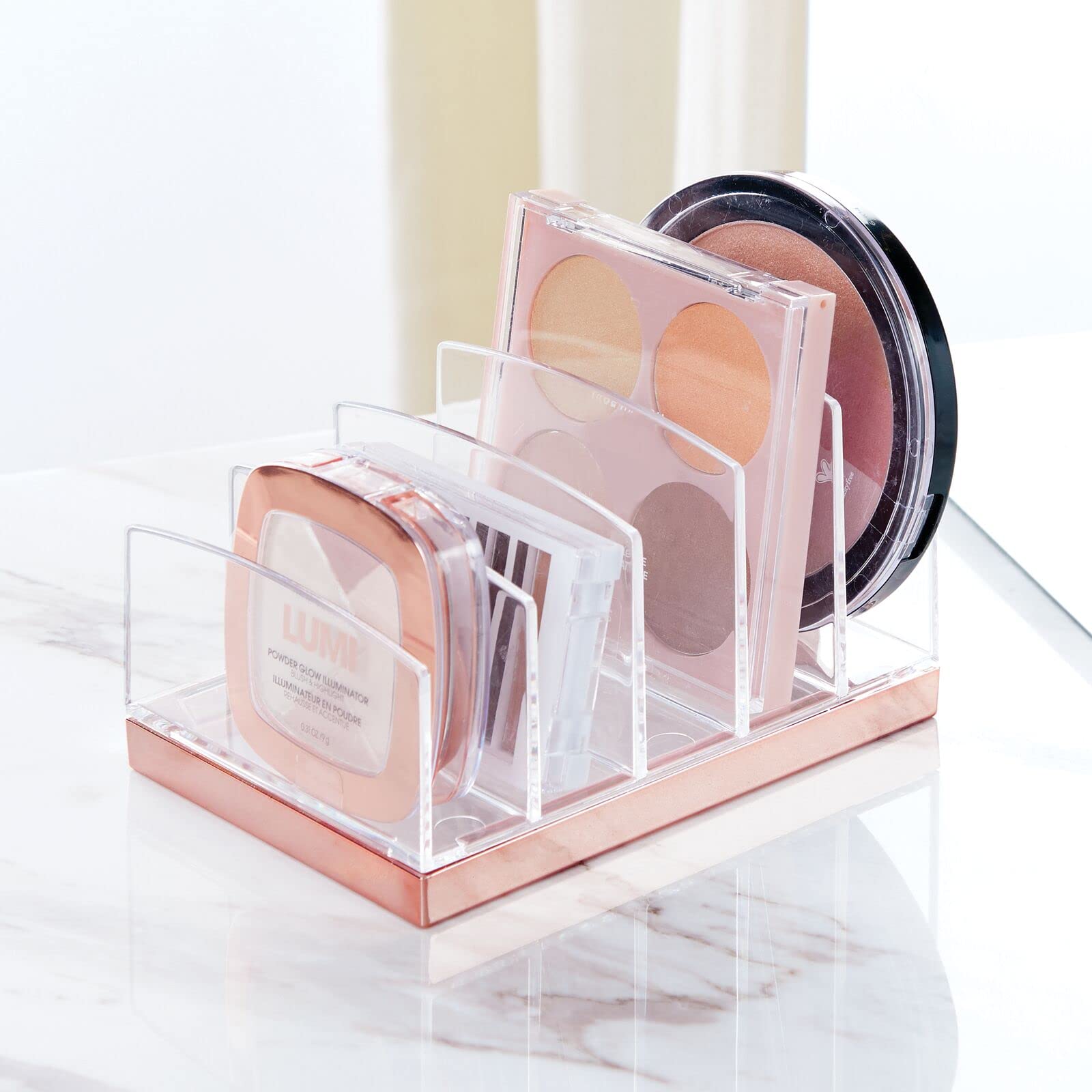 mDesign Plastic Makeup Organizer for Bathroom Countertops, Vanities, Cabinets: Cosmetics Storage Solution for - Eyeshadow Palettes, Contour Kits - 5 Sections - Lumiere Collection - Clear/Rose Gold