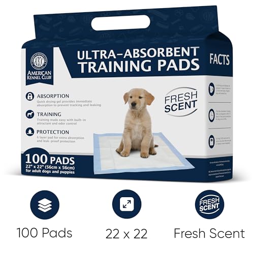 American Kennel Club Scented Puppy Training Pads with Ultra Absorbent Quick Dry Gel โ 22 x 22 Pee Pads for Dogs - Fresh Scented - Pack of 100