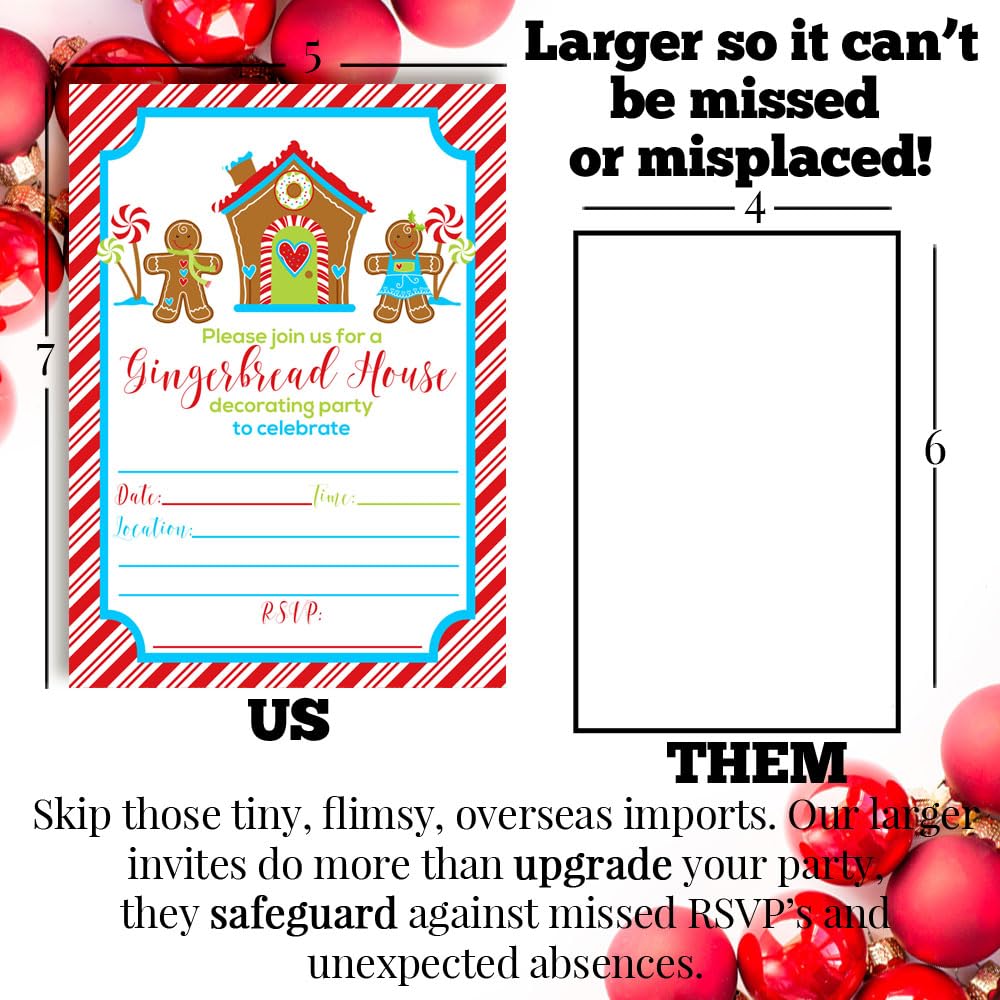 Amanda Creation Christmas Invitations with Envelopes β Gingerbread House Decorating, 20 Pack 5x7 Double Sided Fill-In Invite Cards with Twenty White Envelopes Perfect for Christmas Birthday Parties