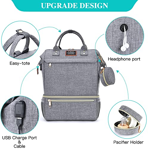 Breast Pump Backpack with Pacifier Case, Cooler & Moistureproof Diaper Bag Backpack Tote Bag with USB Charging Port & Headphone, Double Layer Stroller Straps Multipurpose Backpack for Working Mothers