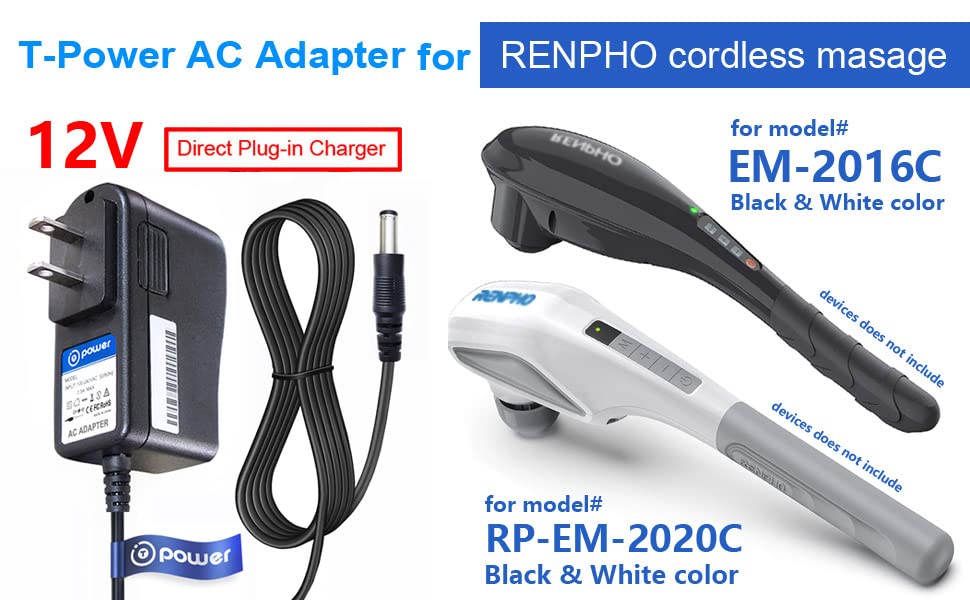 T-POWER Charger for Renpho RP-EM-2020C EM-2016C 2016 RF-EM2018C EM-2018C Cordless Hand Held Deep Tissue Percussion Massager Ac Dc Adapter Power Supply Cord