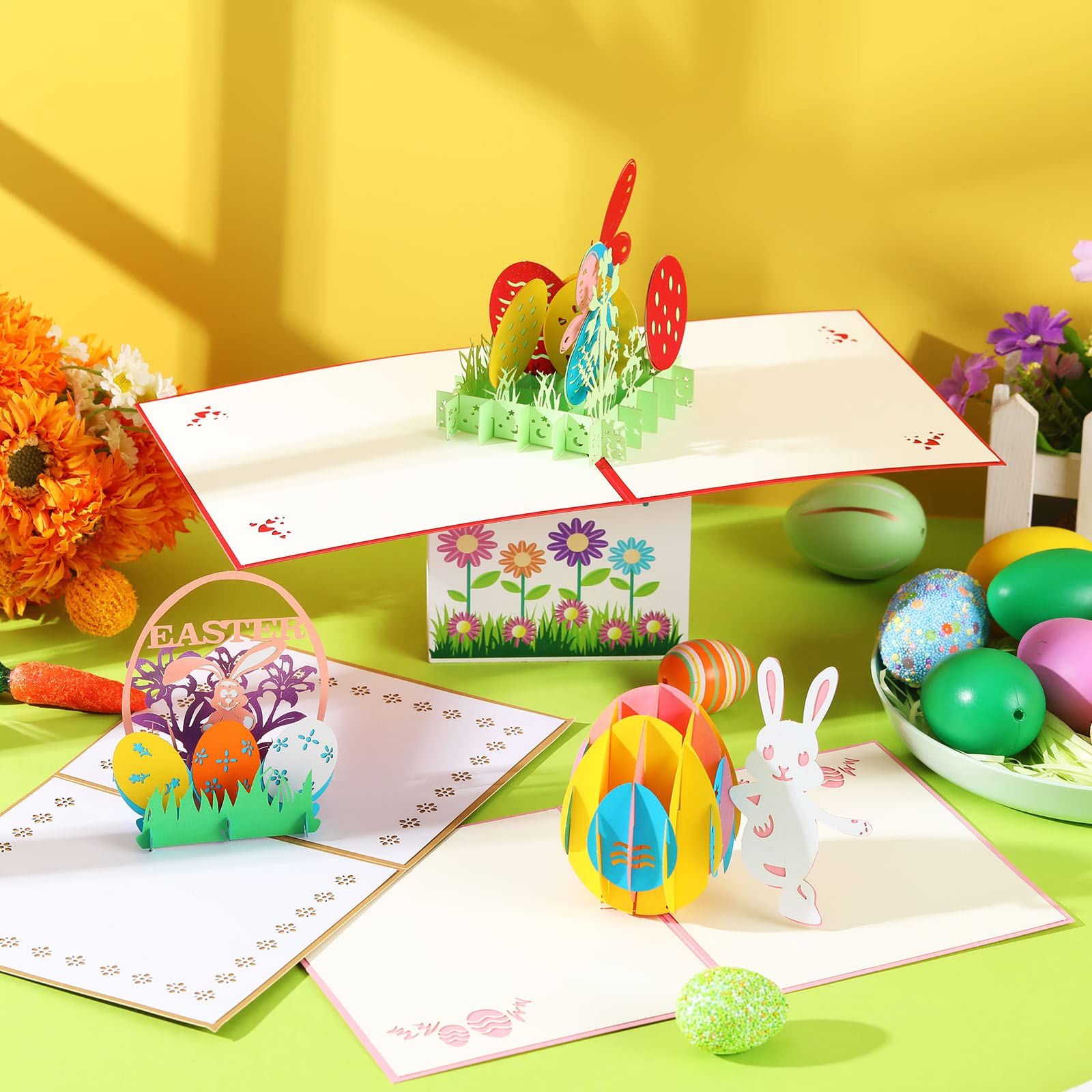5 Pieces Easter Pop up Cards Set, Easter Eggs Basket Bunny 3D Greeting Cards Present Card for Easter with Envelopes, Writing Cards and Cute Envelope Stickers (Lovely Style).