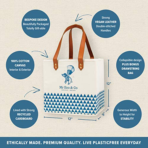 Mr Eco&Co Reusable Grocery Bags Heavy Duty - 4 Pack of Washable, Reusable Shopping Bags Made From Strong, Sturdy Leather Handles and 100% Cotton Canvas, Perfect for Shops, Markets or Storage