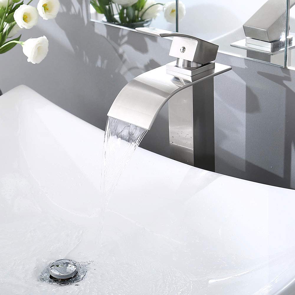Aquaterior Waterfall Spout Single Handle Bathroom Vessel Sink Faucet with Mixer Tap One Hole Tall Bath RV Faucet Brushed Nickel(CUPC NSF CEC)