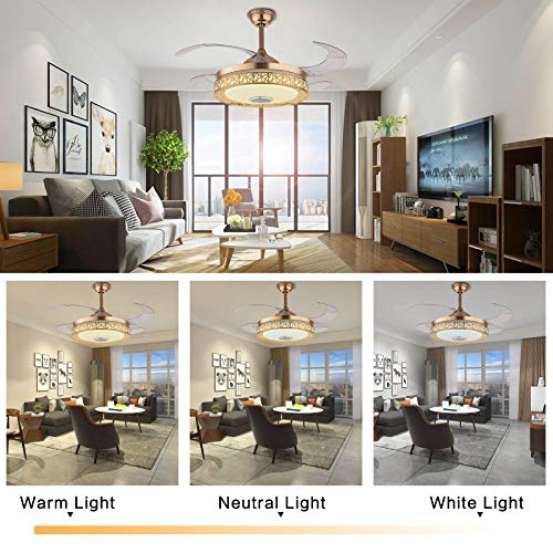 42 Inch Modern Golden Ceiling Fan with Light and Remote Control Bluetooth Music Playback Function 3 Colors 3 Speed Smart Ceiling Fan Light Kit LED Chandelier Ceiling Fan for Living Room Bedroom (Bird's Nest) (Gold) (Gold)