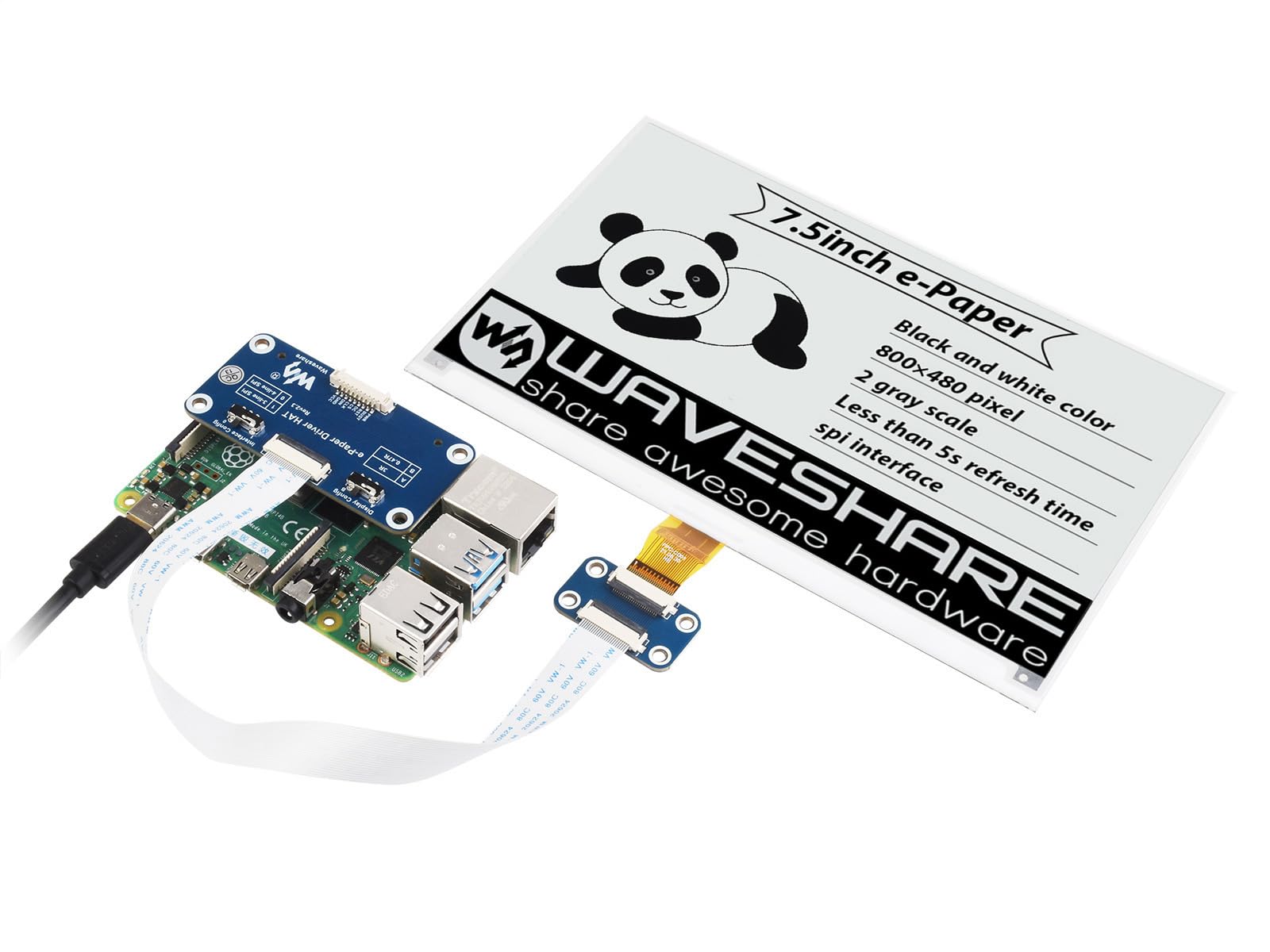 Waveshare 7.5inch E-Ink Display HAT Compatible with Raspberry Pi 5/4B/3B/Zero/Zero W/Zero 2W/Pico/Pico W/Pico WH, 800×480 Resolution SPI Interface