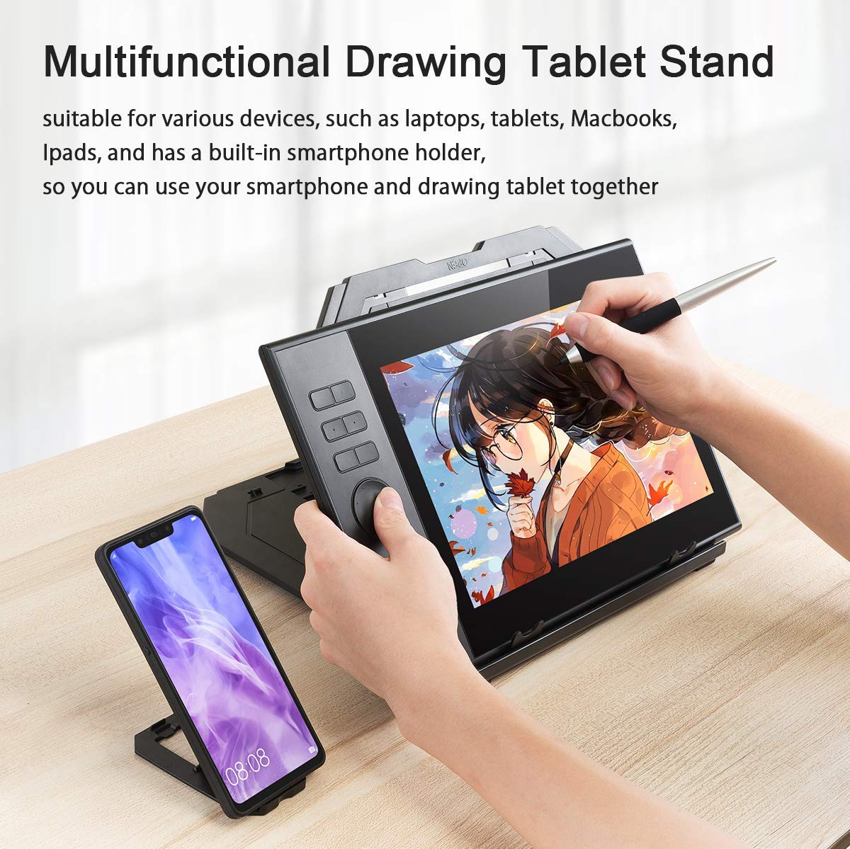 Frunsi Drawing Tablet Stand, Laptop Stand, Foldable Stand for Tablet Display, 9 Levels Adjustable Angles with a Built-in Phone Holder, for 12-17 inch Drawing Tablet, Smartphones