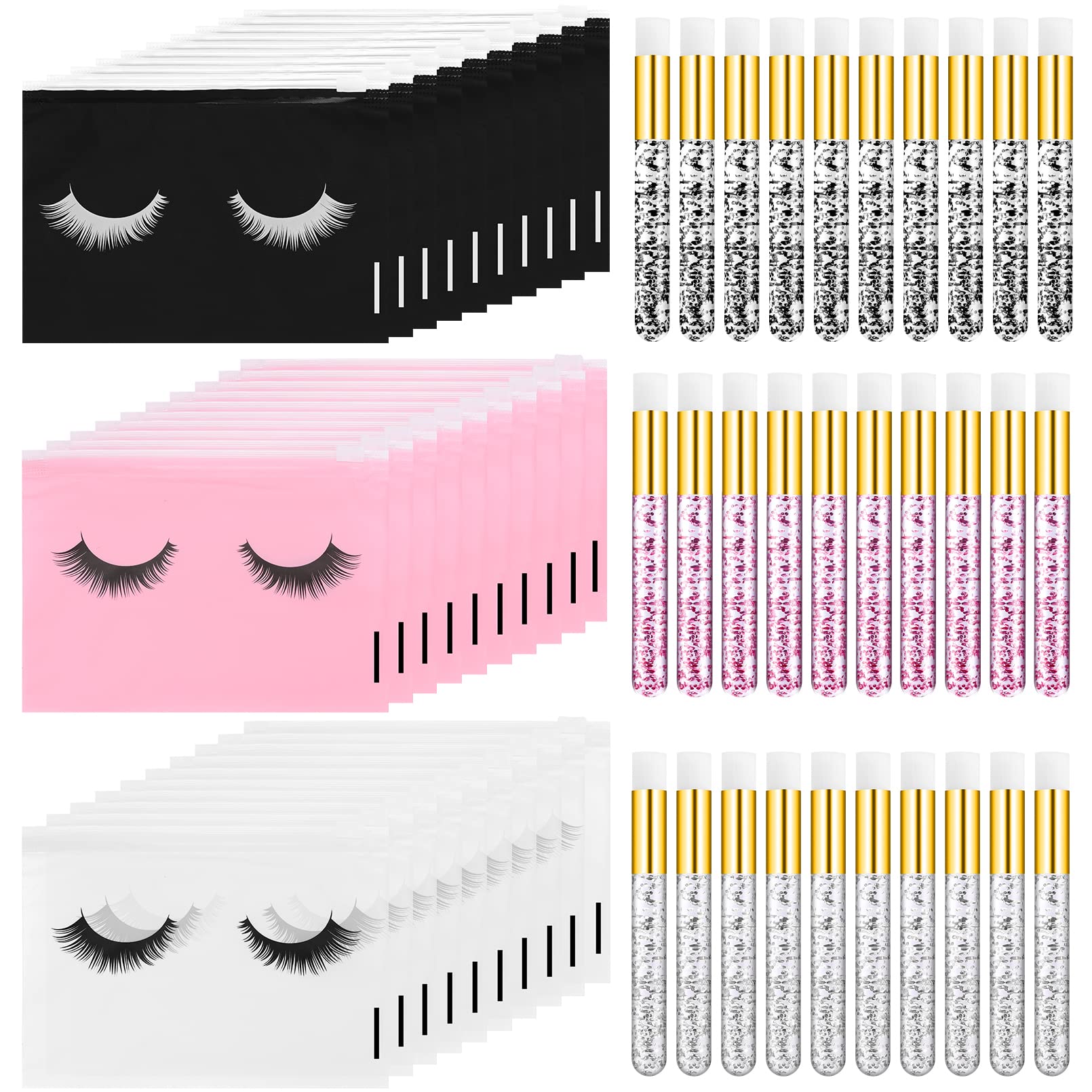 60 Pcs Lash Shampoo Brushes Set,Eyelash Aftercare Bags,Cosmetic Lash Bags for Clients,Lash Brushes for Cleansing,Nose Pore Deep Cleaning Brush,Eyelash Brushes for Eyelash Extensions (Glitter Style)